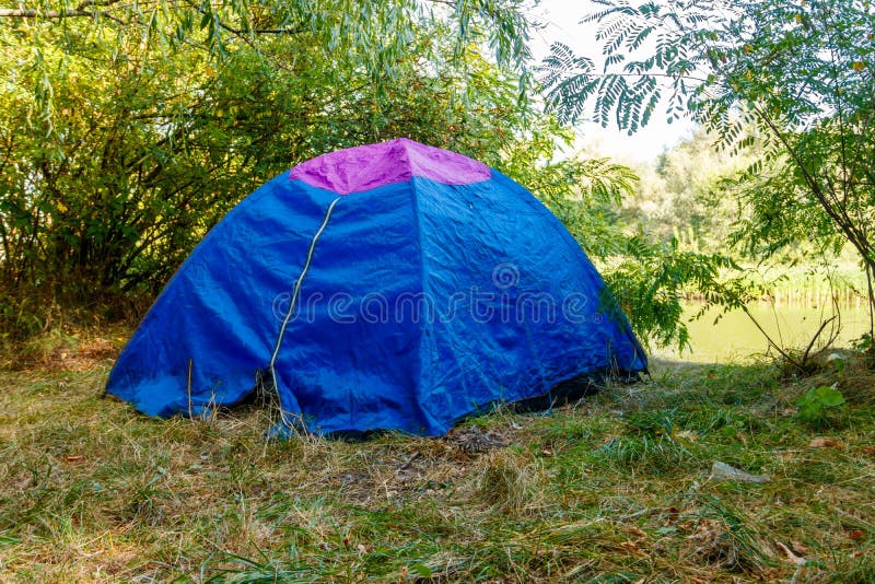 Blue Camping Tent in Forest Near a River Stock Photo - Image of journey ...