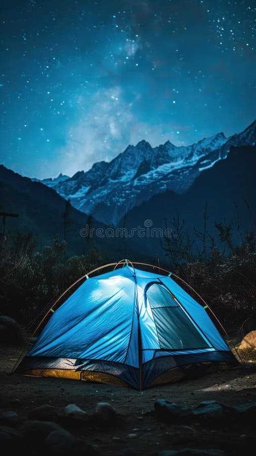 A Blue Camping Tent Stands on a Vibrant Green Field Under the Open Sky ...