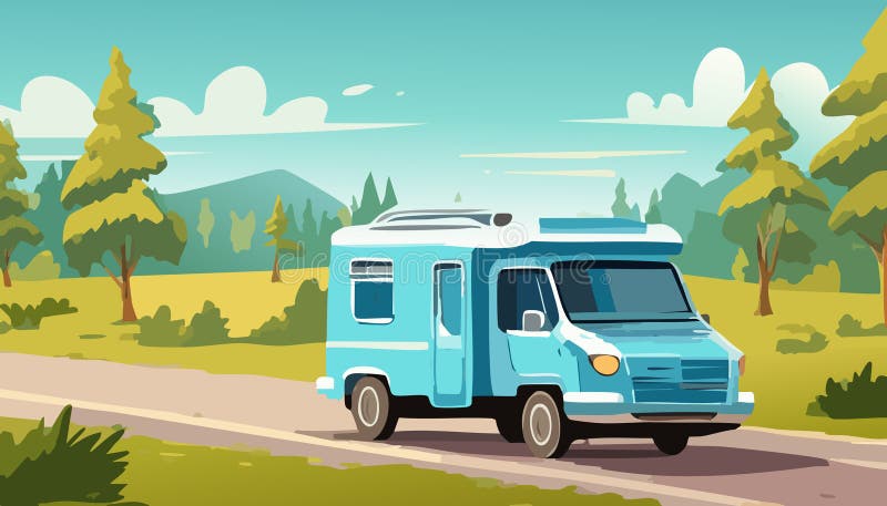 Blue Camping Trailer Flat Cartoon Style. Road Trip Concept Stock ...