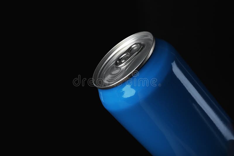 Blue Can of Energy Drink on Black Background, Closeup. Space for Text ...