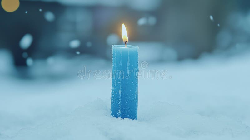 Blue Candle Burning in Snow with Winter Snowfall Stock Photo - Image of ...