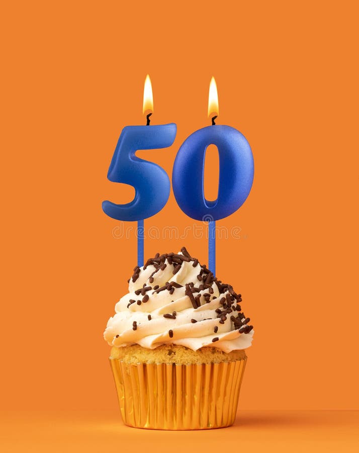 Blue Candle Number 50 - Birthday Cupcake on Orange Background Stock ...