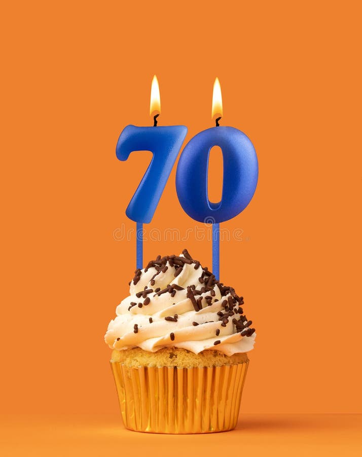 Blue Candle Number 70 - Birthday Cupcake on Orange Background Stock ...