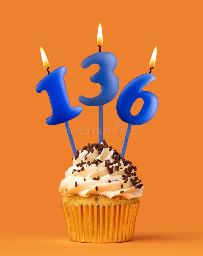 Blue Candle Number 136 - Birthday Cupcake on Orange Background Stock ...