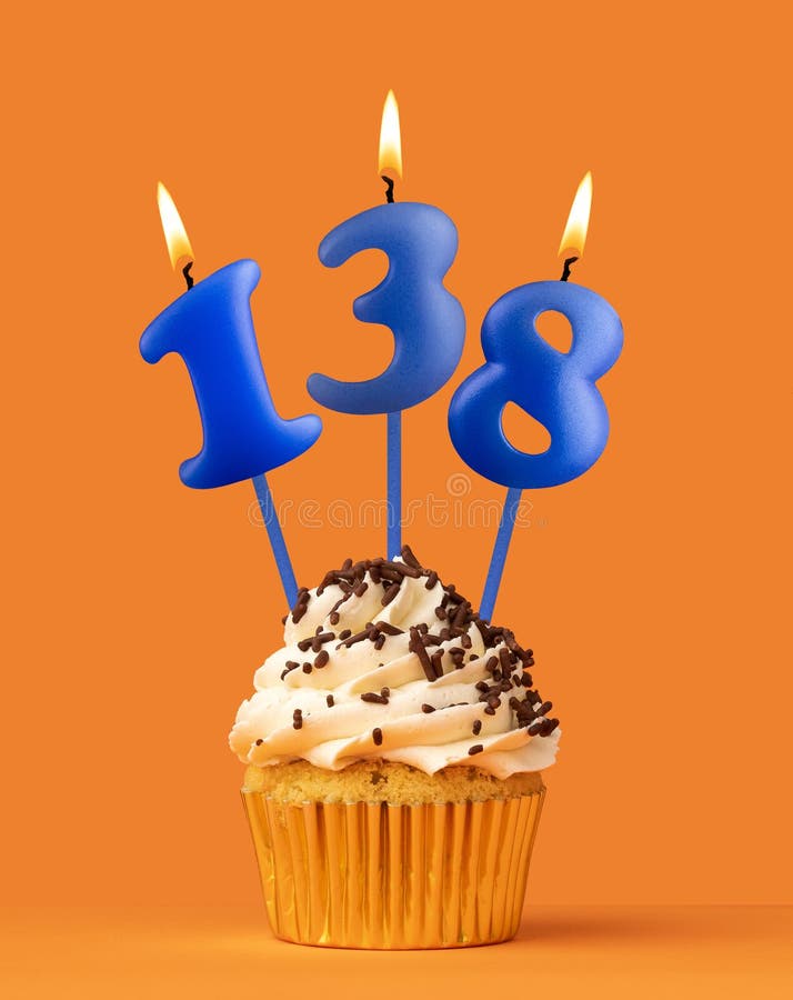 Blue Candle Number 138 - Birthday Cupcake on Orange Background Stock ...