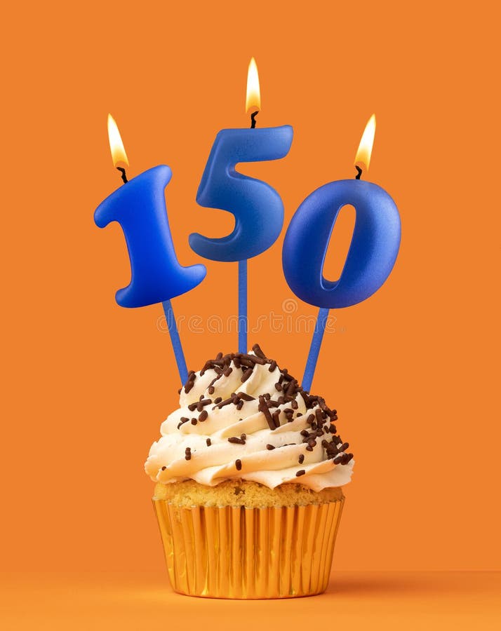 Blue Candle Number 150 - Birthday Cupcake on Orange Background Stock ...