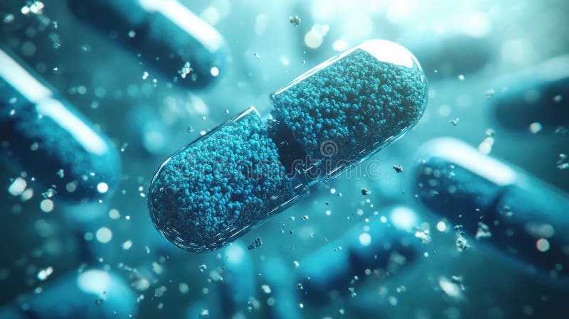 A Blue Capsule Filled with Granules Floats Amidst Tiny Particles in a ...