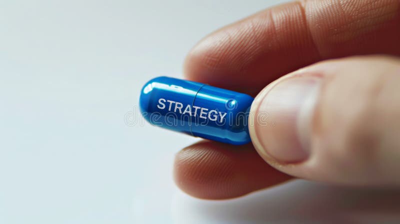 Blue Capsule with Text Strategy in Hands, White Soft Background, Copy ...