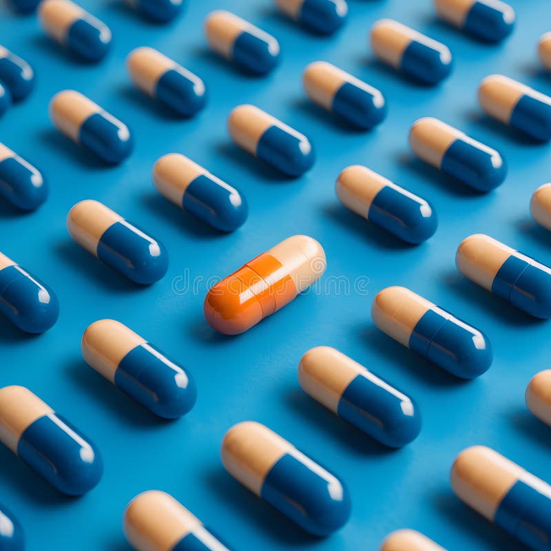 Blue Capsules on Blue Background, One Distinct Orange Capsule Stock ...