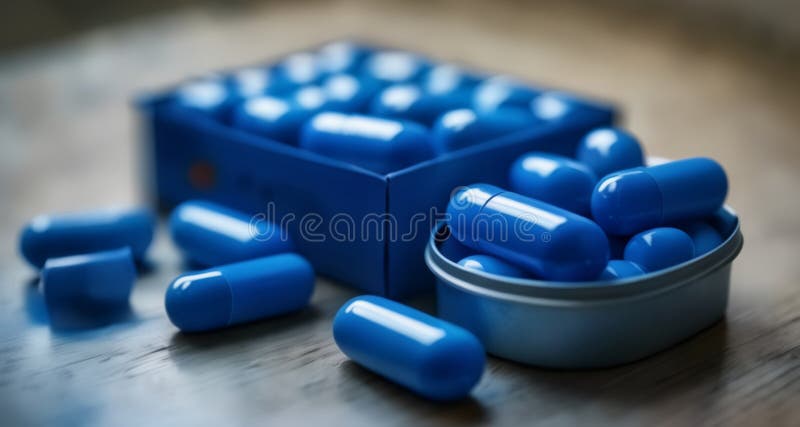 Blue Capsules in a Box and Bowl, Ready for Packaging Stock Illustration ...