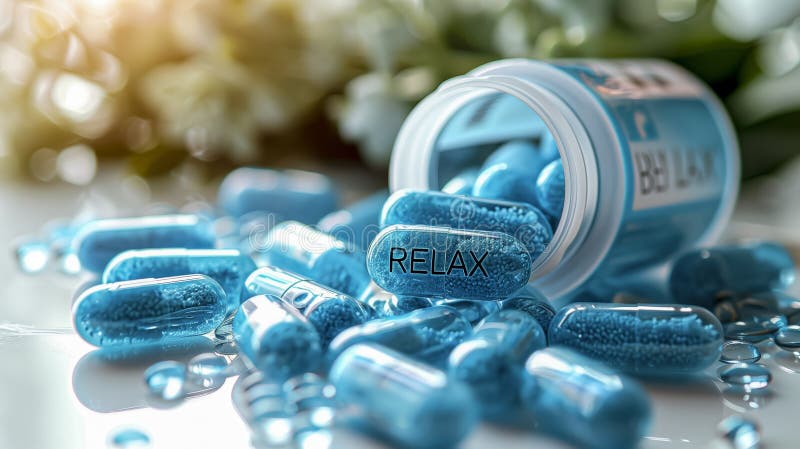 Blue Capsules Labeled "Relax" Spilling from Bottle Stock Illustration ...