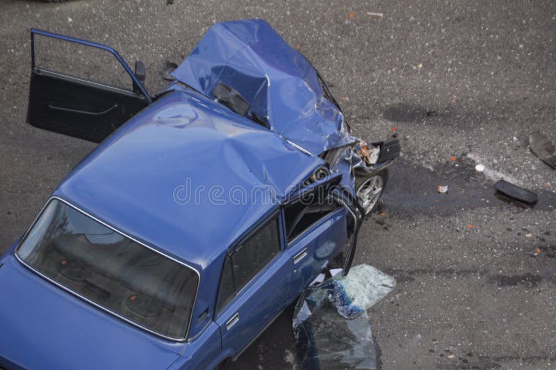 Blue Car with a Broken Front Stock Image - Image of metal, damage ...