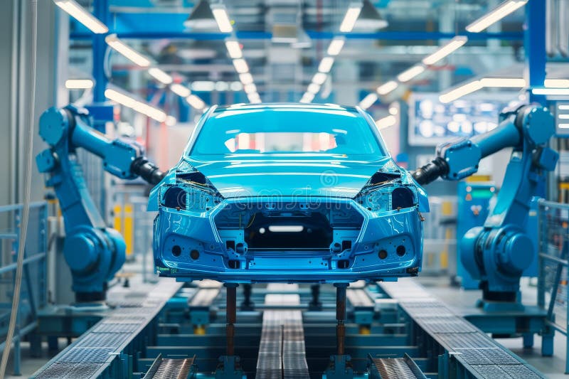 A Blue Car Chassis Moves Along a Modern Assembly Line with Robotic Arms ...