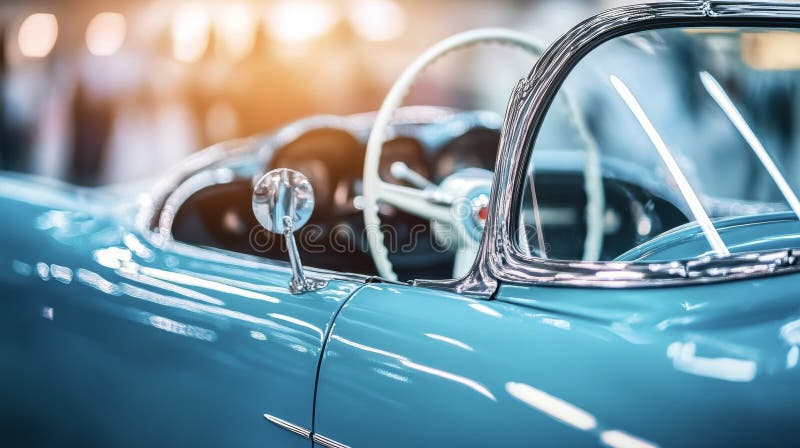 A Blue Car with a Chrome Steering Wheel and a Chrome Dashboard Stock ...