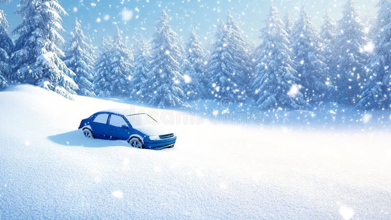 Blue Car Covered in Snow in Winter Wonderland Forest Scene Stock Image ...