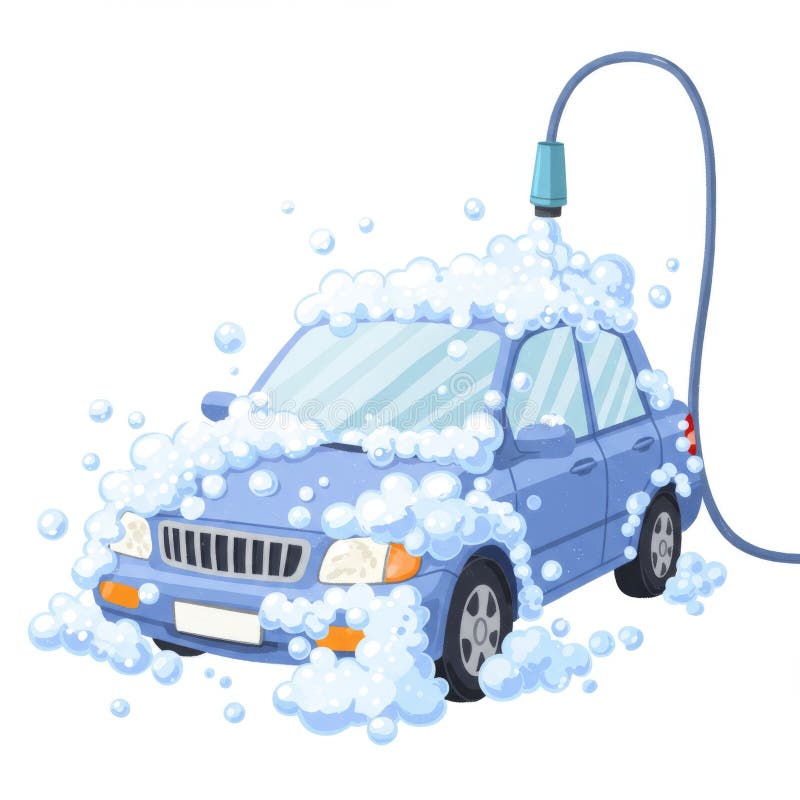Blue Car Covered in White Soap Foam during a Car Wash Stock ...