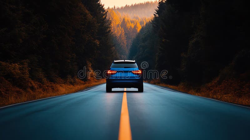 Blue Car Driving Down a Scenic Road Surrounded by Lush Green Trees ...