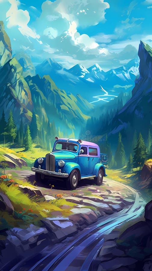 Blue Vintage Car in a Gorge, Canyon, Round Headlights, Sky and Clouds ...