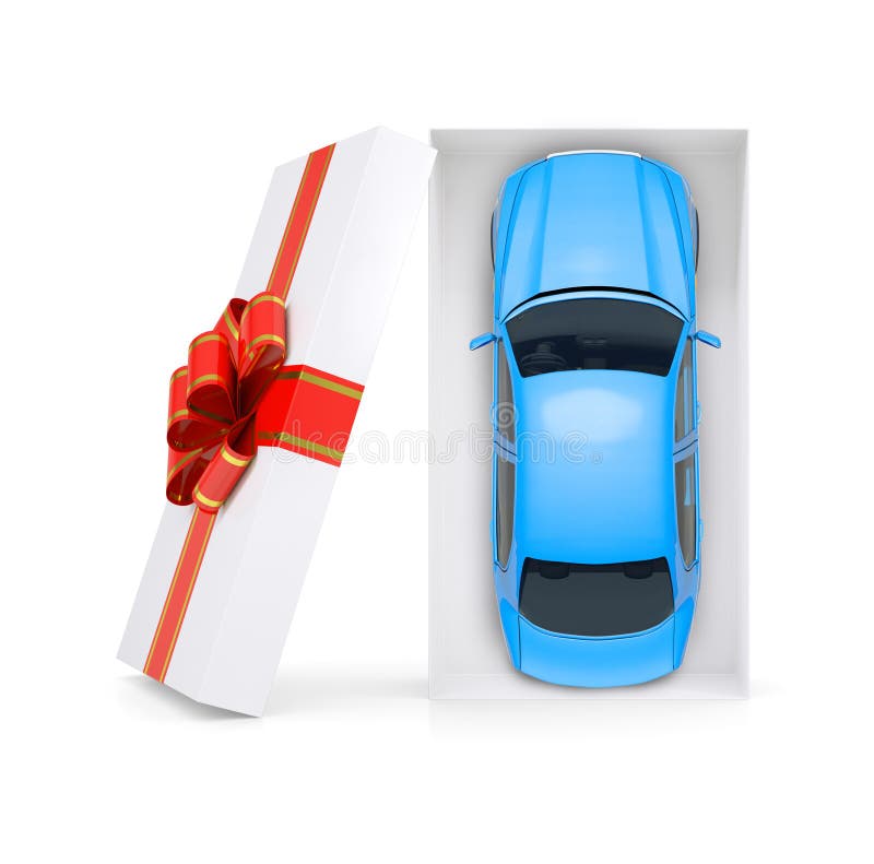 Blue Car in Gift Box on White, Top View Stock Illustration ...