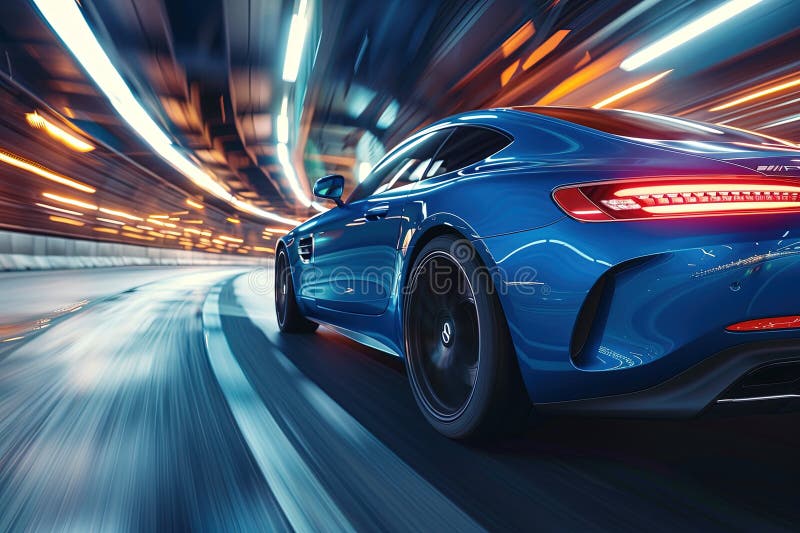 Blue Car on High Speed with Motion Blur. Generative AI. Stock ...