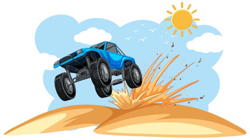 Blue car jumping over stock vector. Illustration of sand - 339439868
