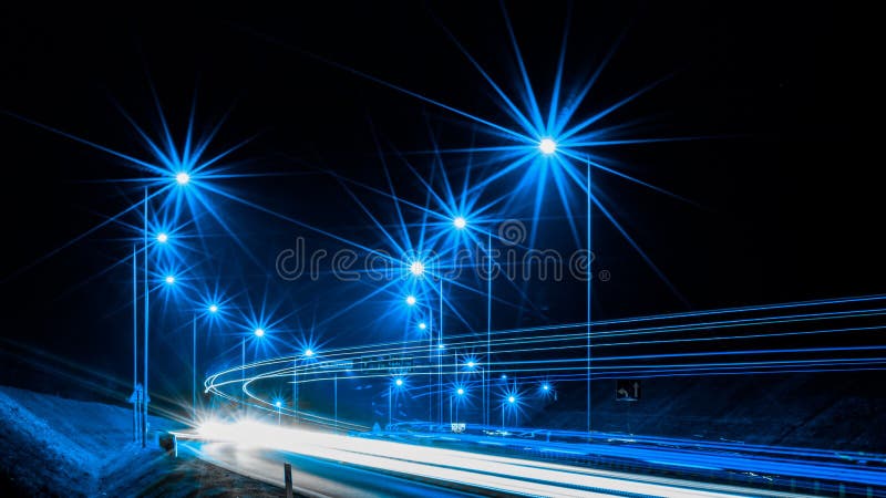 Blue Car Lights at Night. Long Exposure Stock Photo - Image of long ...
