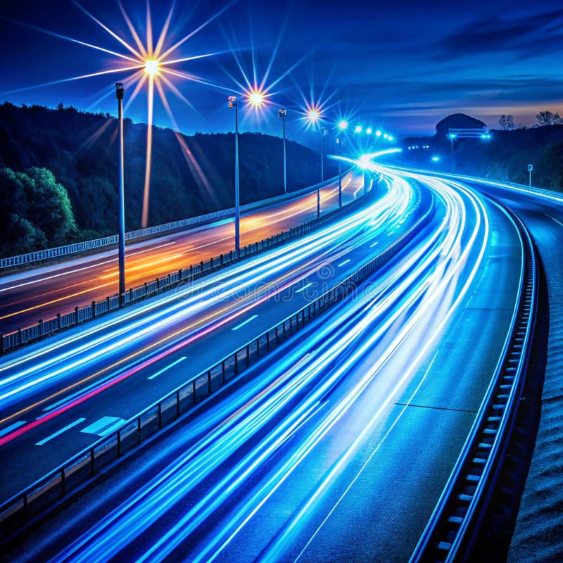 Blue Car Lights at Night Long Exposure Stock Illustration ...