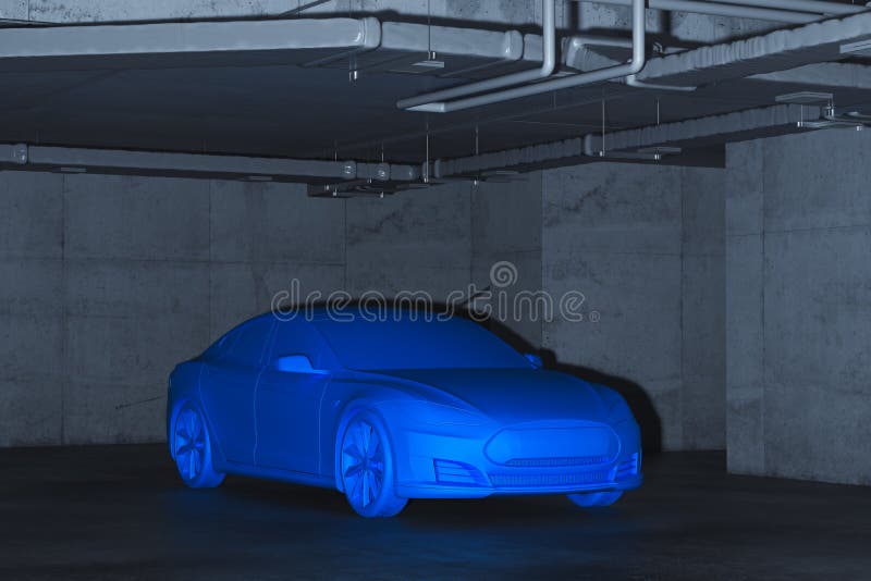 Blue Car Model in Concrete Interior. 3d Rendering. Stock Illustration ...