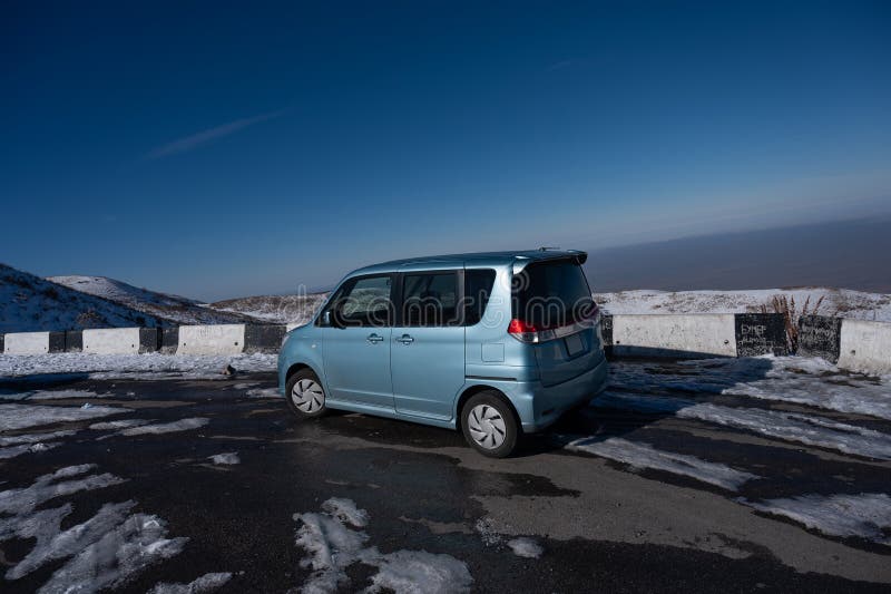 Blue Car on the Observation Deck in the Mountains. Stock Photo - Image ...