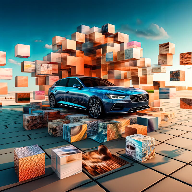 A Blue Car is Parked in Front of a Large Pile of Cubes Stock Image ...