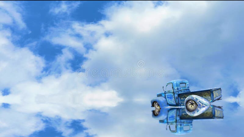 Blue Car Parking and Mirror Reflection Cloud and Water Surface on Lake ...