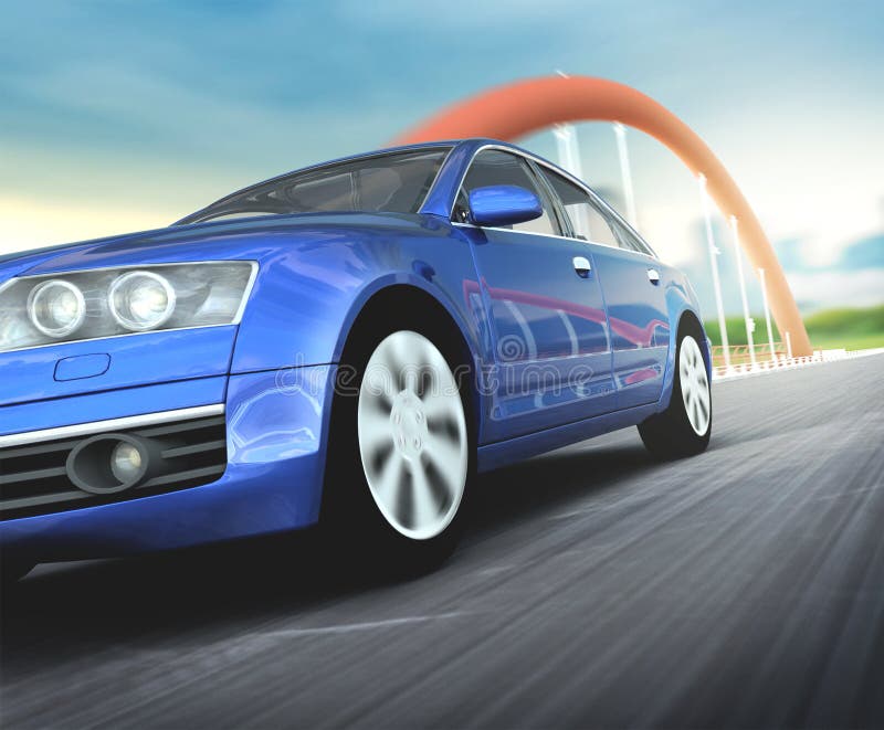 Blue Car in the Road Asphalt Stock Illustration - Illustration of ...