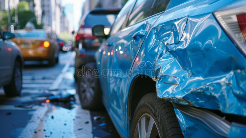 A Blue Car with a Smashed Front End is in the Middle of a Busy Street ...