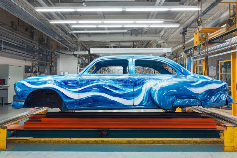 A Blue Car Undergoing Production on an Assembly Line in a Modern ...