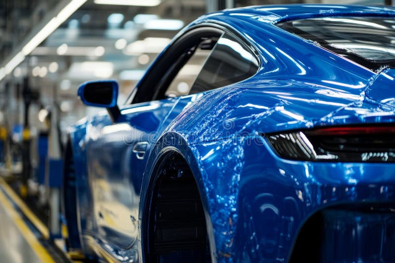 Blue Car Undergoing Production on an Assembly Line in a Modern ...