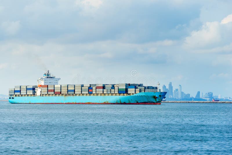 Blue Cargo Container Ship Anchored in Harbor Stock Photo - Image of ...