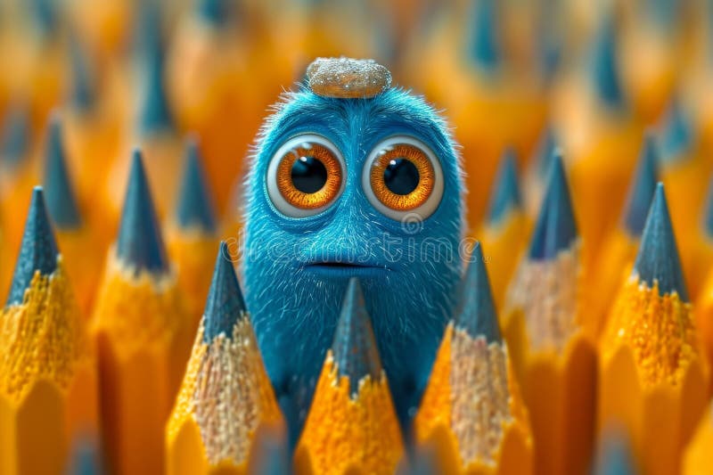 A Blue Cartoon Character with Pencils. Three-dimensional Illustration ... A Blue Cartoon Character with Pencils. Three-dimensional Illustration ...