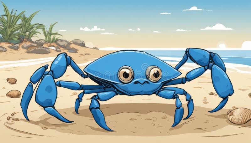 A Blue Cartoon Crab on the Beach Stock Illustration - Illustration of ...