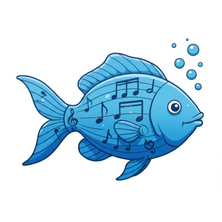 Blue Cartoon Fish with Musical Notes Illustration Stock Illustration ...
