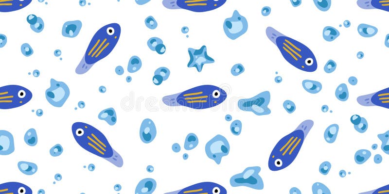 Seamless Blue Cartoon Fish Pattern Stock Vector - Illustration of ...