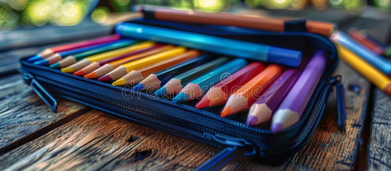 Blue Case with Colored Pencils on Wooden Table Stock Photo - Image of ...