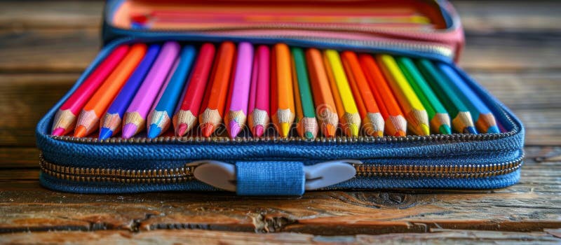 Blue Case with Colored Pencils on Wooden Table Stock Image - Image of ...
