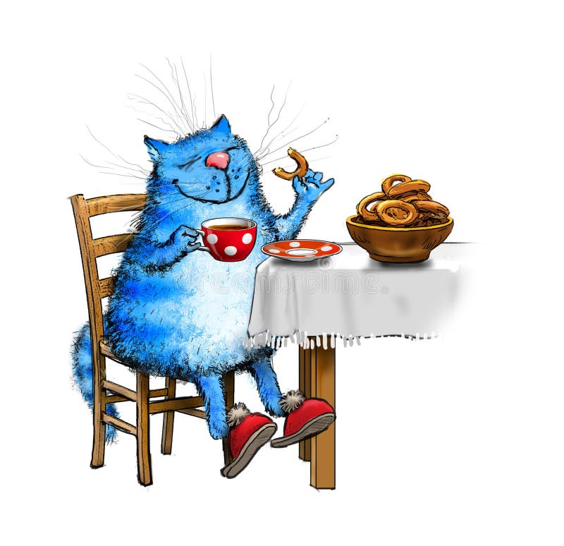 Blue cat drinking tea stock illustration. Illustration of cartoon ...
