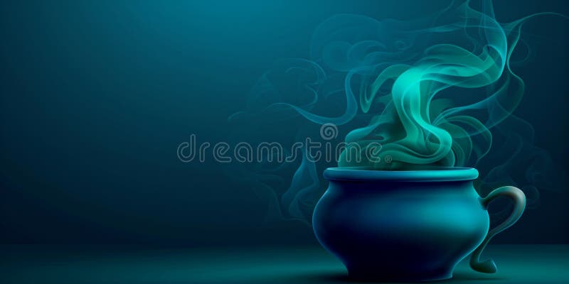 A Blue Cauldron with a Handle Sits on a Table. Green Smoke Rises from ...