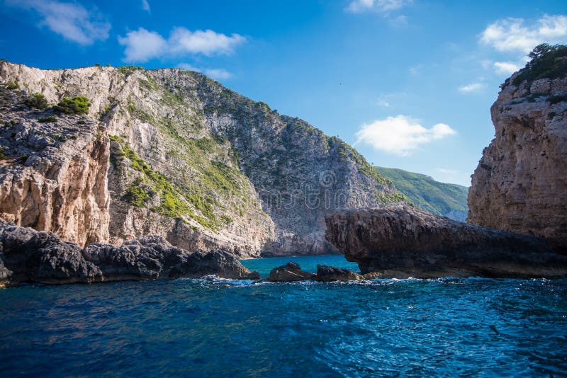 Blue Caves On Corfu Island In Greece, Ionian Sea, Mediterranean Stock ...