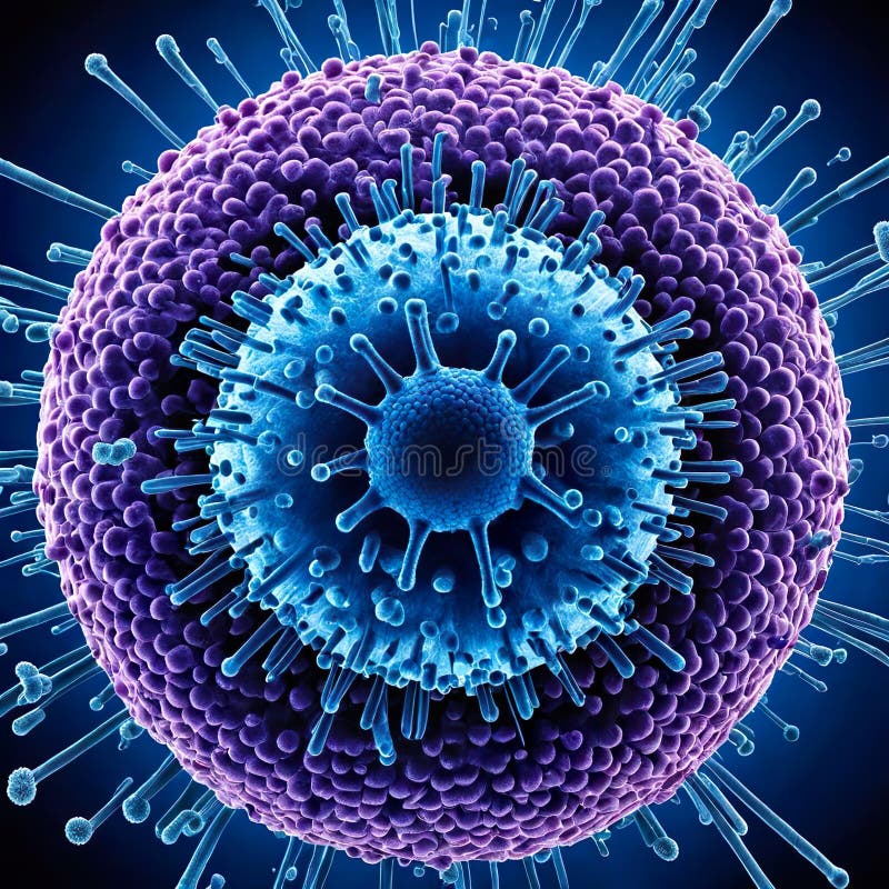 Blue Cell of a Dangerous Virus Under a Microscope, 3D. Micro World ...