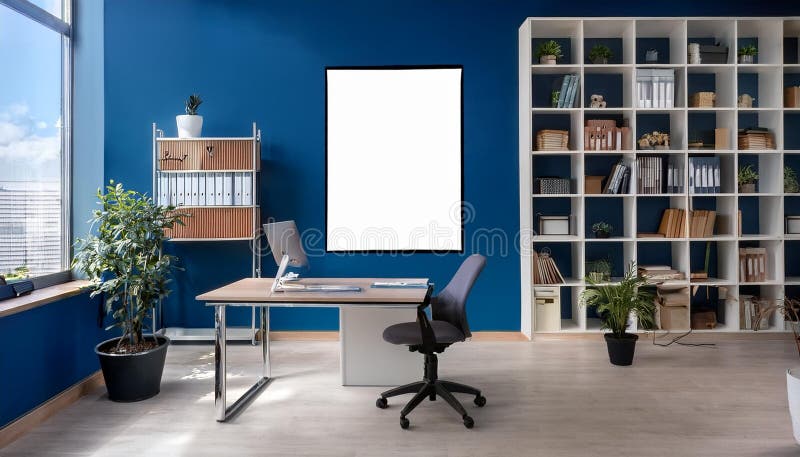 Blue CEO Office Interior with Bookcase and Poster Stock Illustration ...