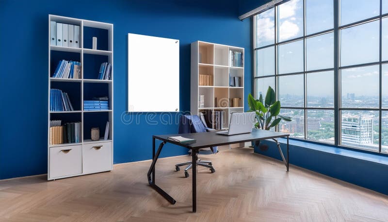Blue CEO Office Interior with Bookcase and Poster Stock Illustration ...