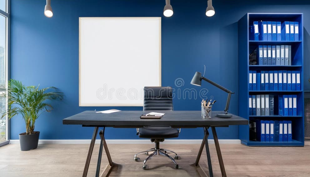Blue CEO Office Interior with Bookcase and Poster Stock Illustration ...