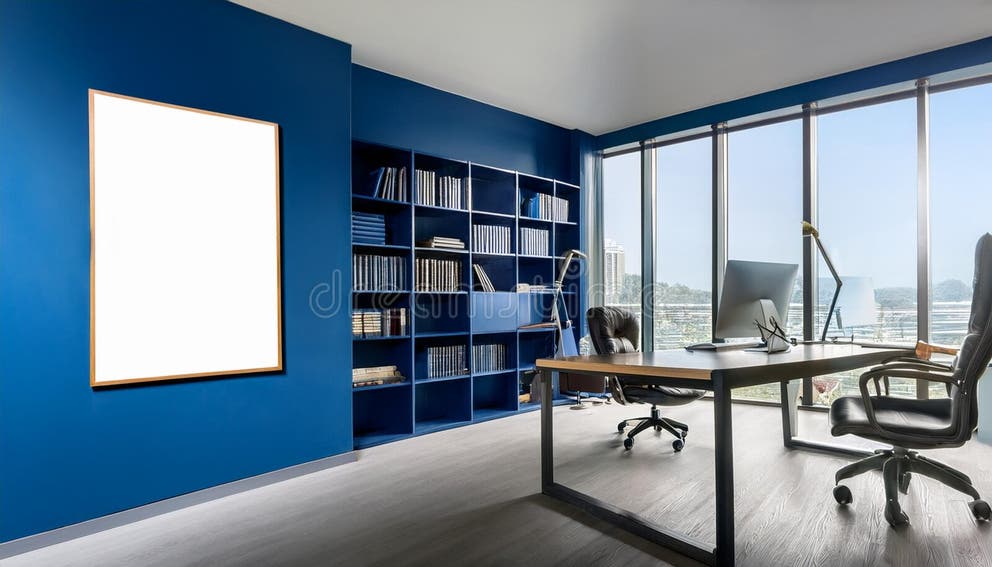 Blue CEO Office Interior with Bookcase and Poster Stock Illustration ...